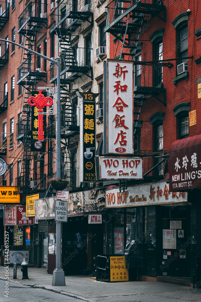 Mott Street with signs, in Chinatown, Manhattan, New York Stock Photo ...