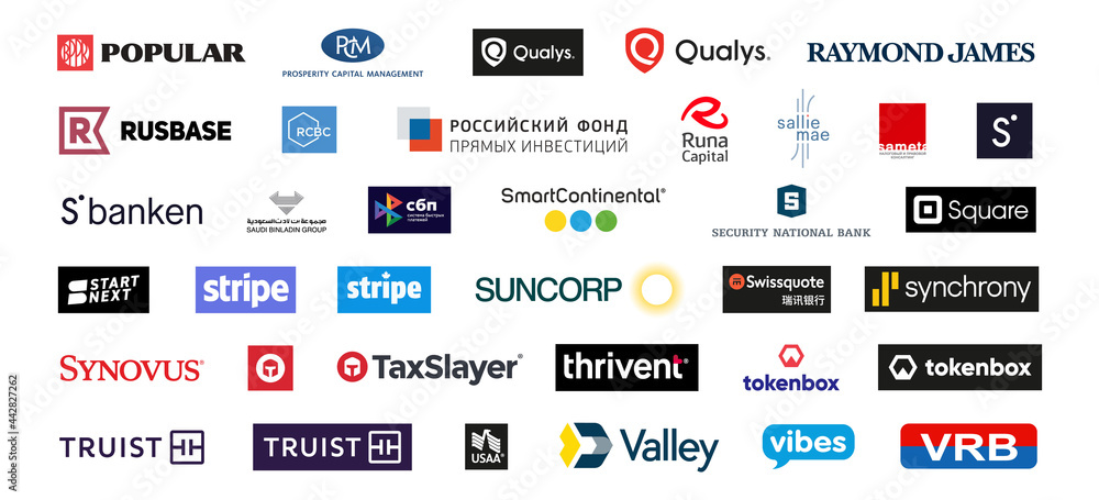 bank logos of well-known brands, badges with logos of companies and ...