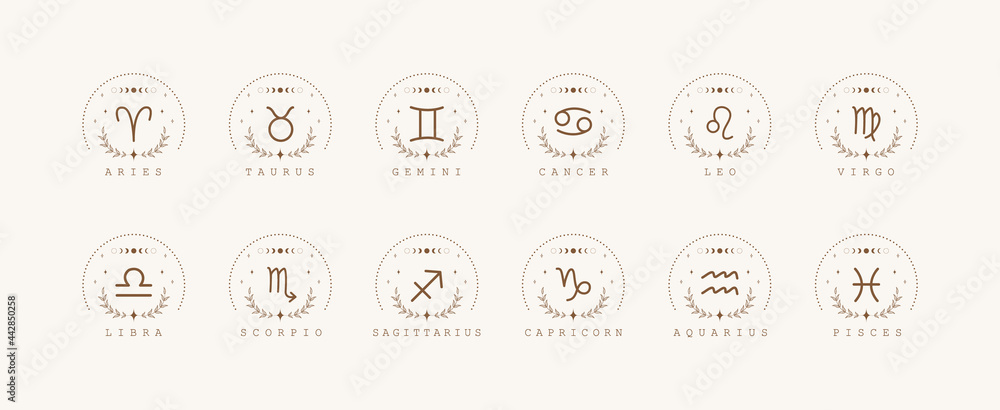Zodiac signs in boho style. Set of astrological icons isolated on white ...
