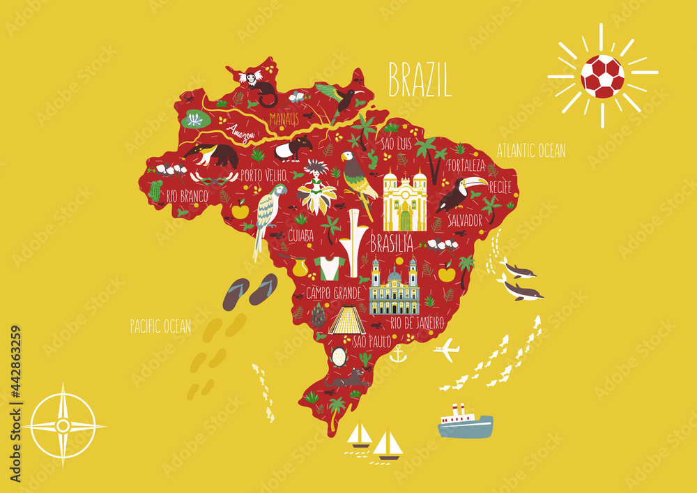 Brazil illustrated flat map vector on yellow backdrop,geographic ...
