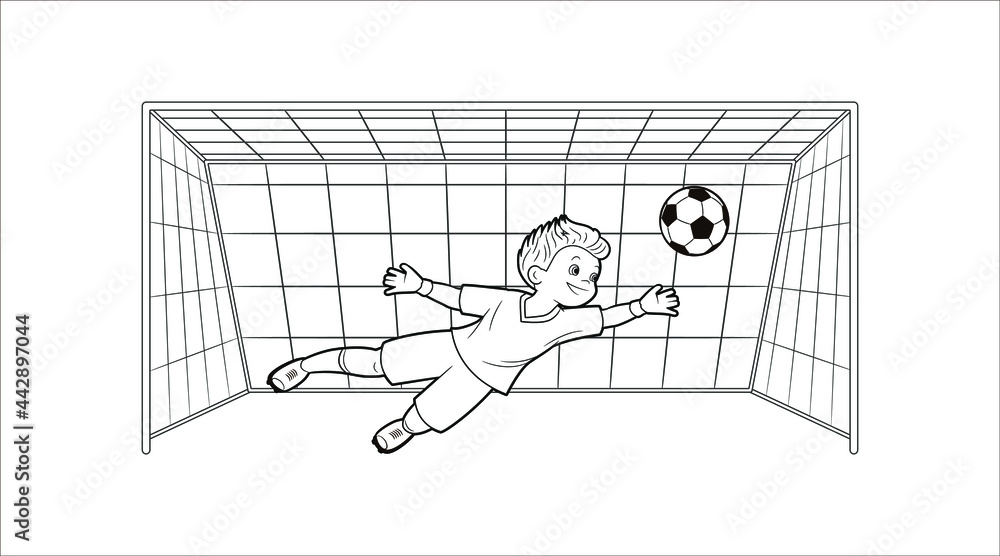 Coloring book young soccer player goalkeeper catches soccer ball in ...