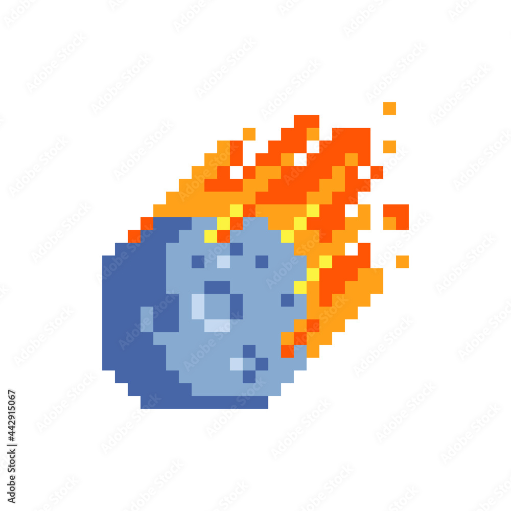 Image vectorielle Stock Flame meteorite pixel art icon. Meteor rain fall on planet. Cataclysm ...