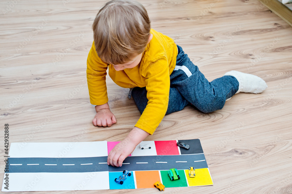 Boy sorting machines by color. Montessori concept, early education ...