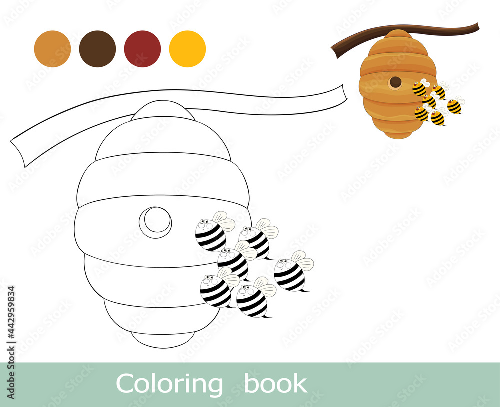 Coloring book page with cartoon bee colorful template. Cute bees ...