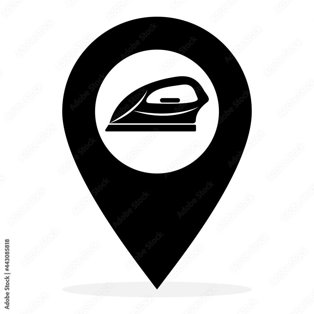Laundry service clothes iron location pin icon. Electronic store ...