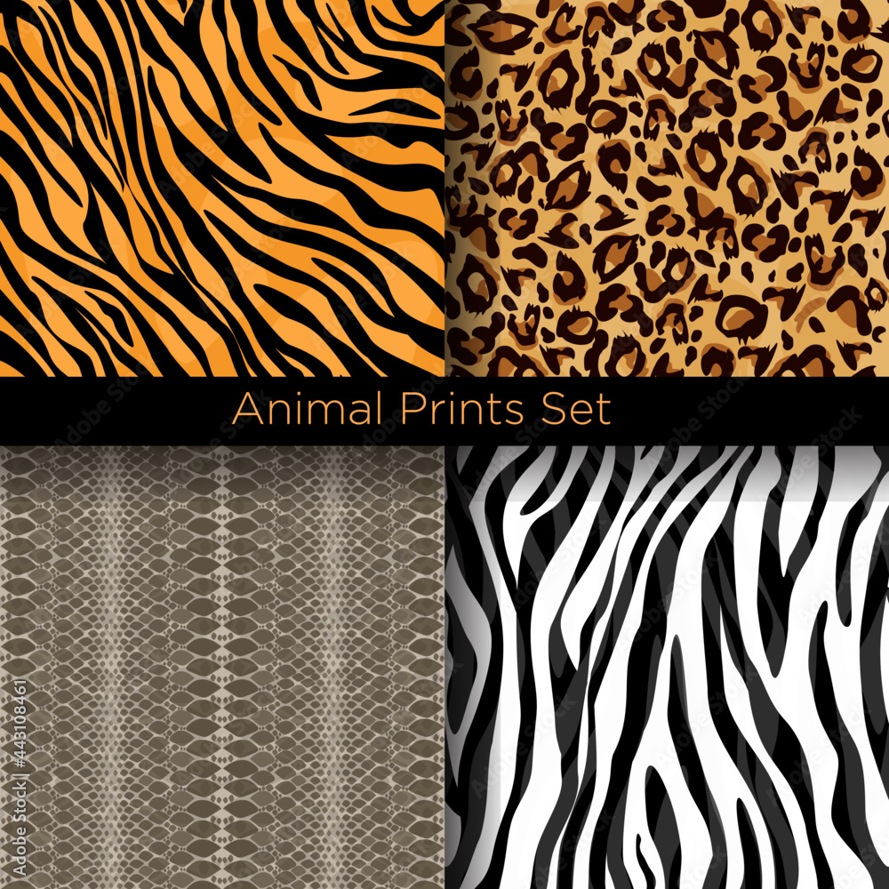 Vector illustration set of animal skin seamless patterns. Tiger, zebra ...