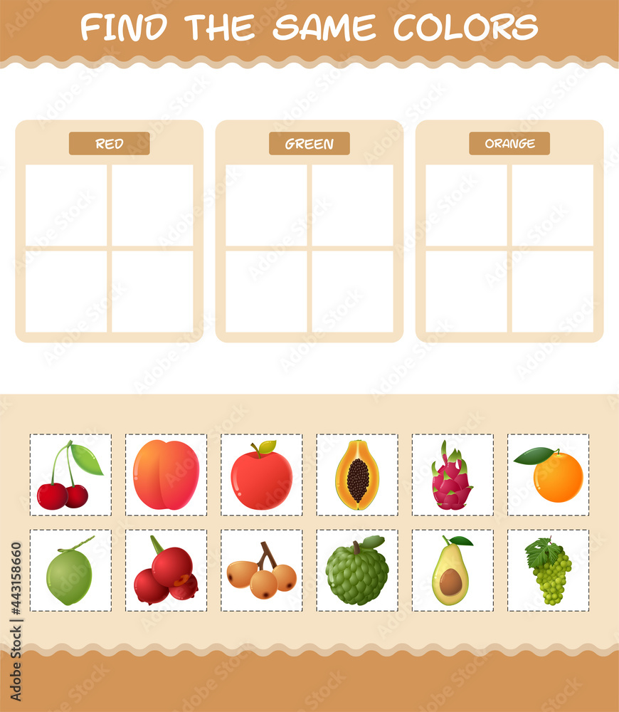 Find the same colors of fruits. Searching and Matching game ...