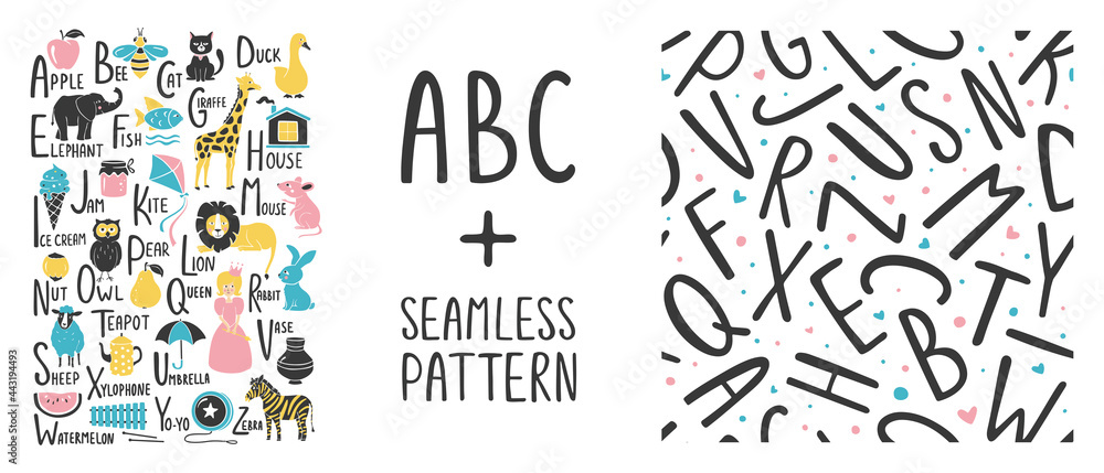 Cute ABC set. Bright English alphabet for children with seamless ...