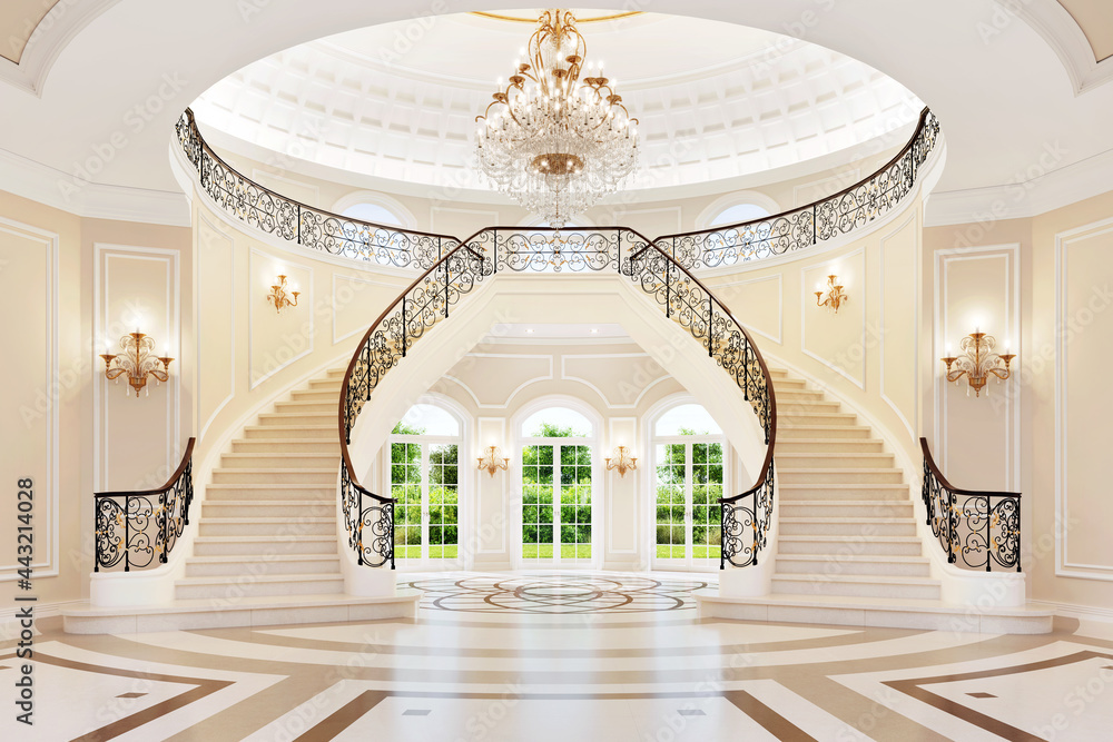 Luxurious royal interior with a beautiful staircase and chandelier ...