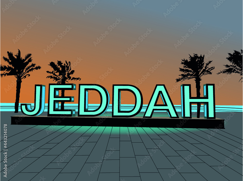 Saudi Arabia, Jeddah Corniche, Sun Set with jeddah Sign, Vector Stock ...