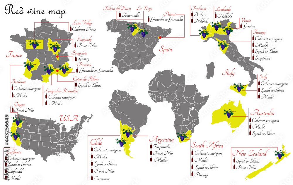 Red wine maps. Wine production maps showing grape varieties. Regions of ...