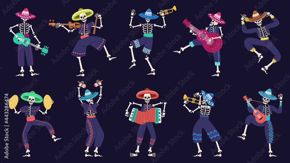 Day of the dead mariachi band. Musical mexican festival skeletons ...