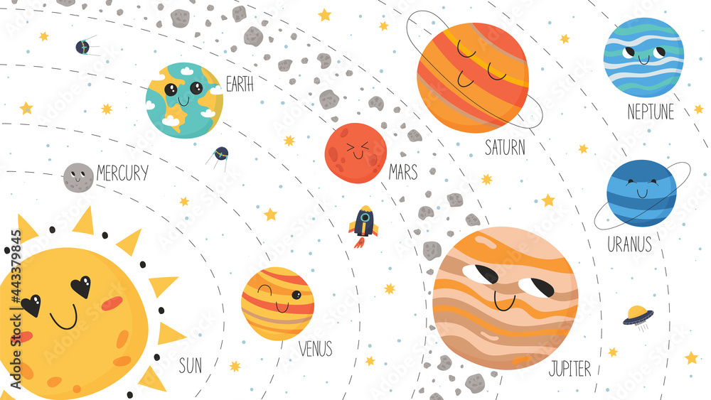 Solar system scheme. Vector planets, asteroid belt, spaceship and ufo ...