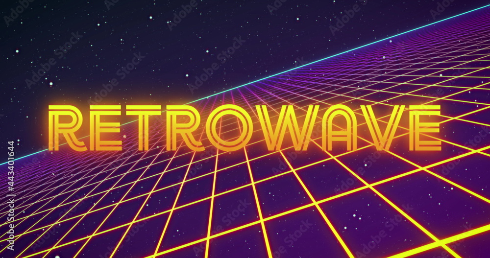 Image of neon retrowave text flickering over glowing yellow grid in universe Stock Illustration ...