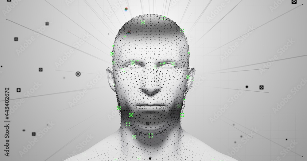 Human head model spinning against flickering light trails on white ...