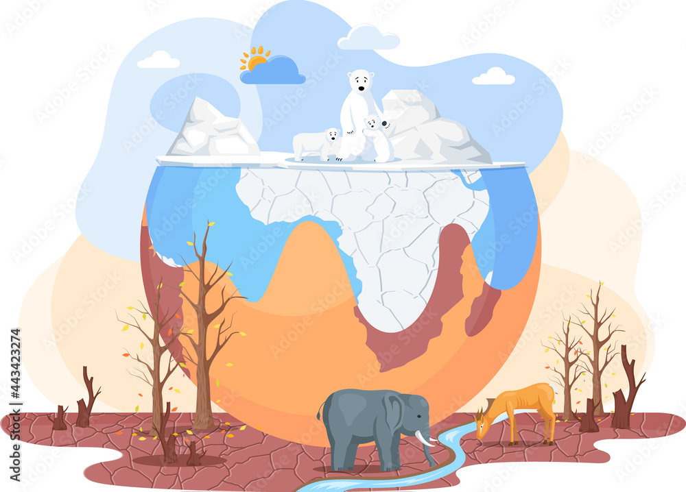 Temperature rising and animal extinction concept. Melting glaciers and ...