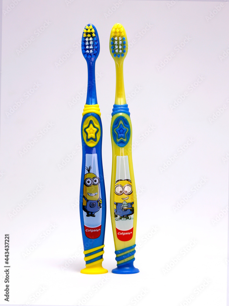 Toothbrushes with the Minions characters. Dental care. Colgate brand ...