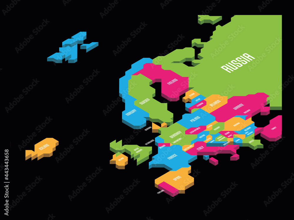 Isometric political map of Europe. Colorful land with country name ...