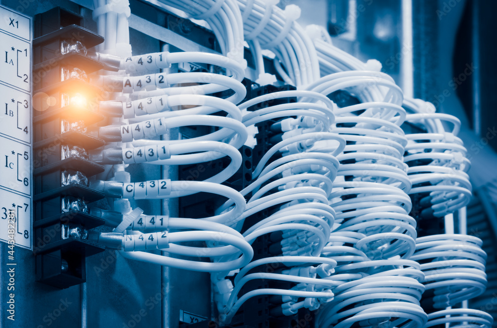 wires in a box of distribution of an electricity, PLC Control panel ...
