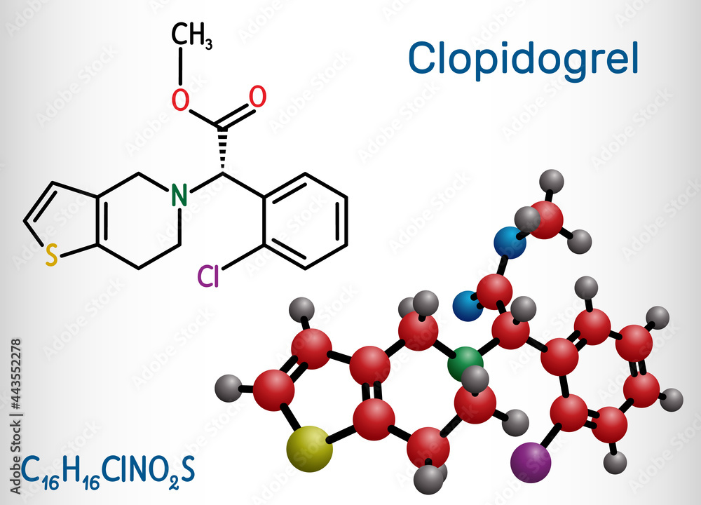 Clopidogrel molecule. It is prodrug, antiplatelet medication, used to ...