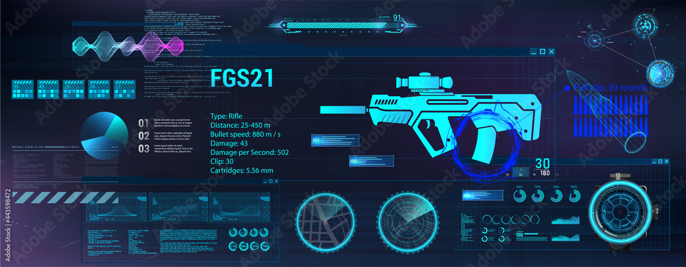Military user interface with data and scans of weapons in the HUD style ...