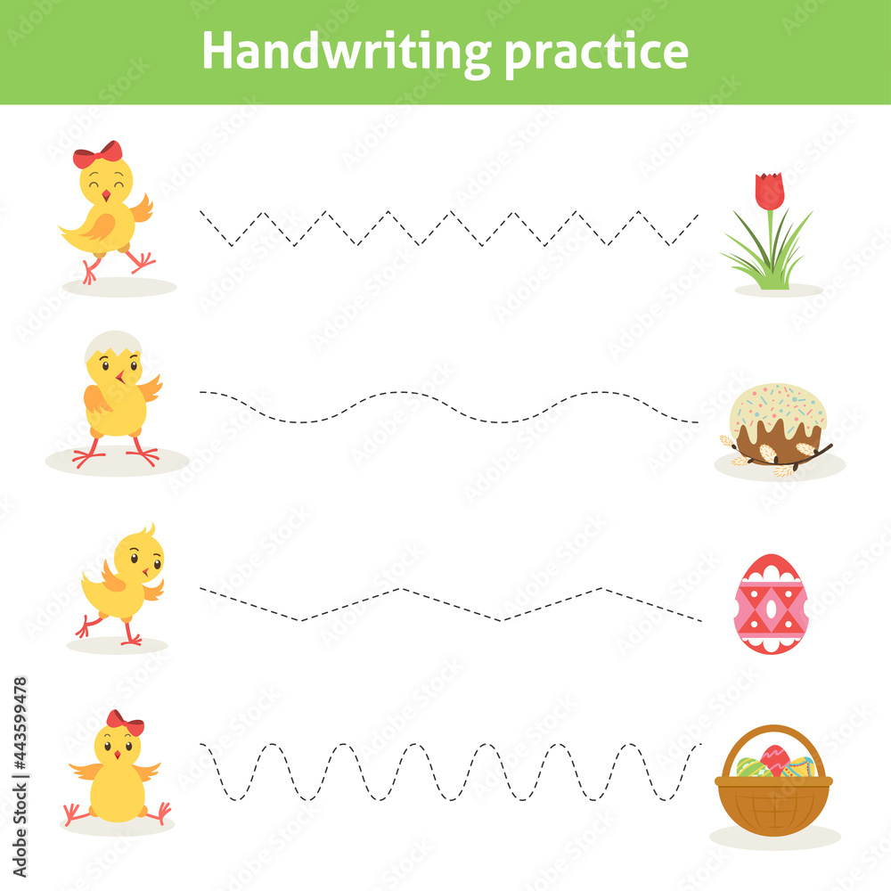 Vektor Handwriting worksheet for children with cute chickens ...