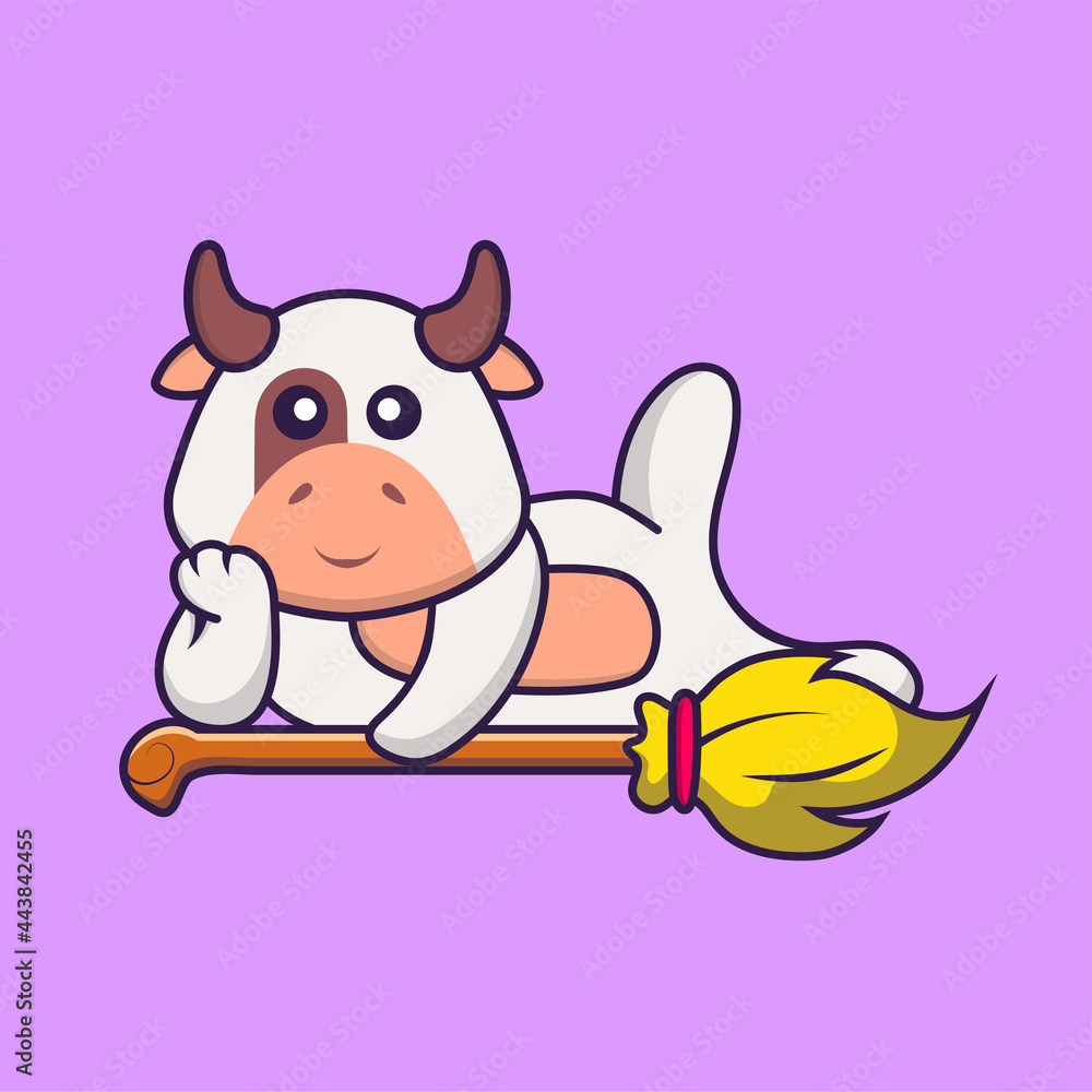 Cute cow lying on Magic Broom. Animal cartoon concept isolated. Can ...