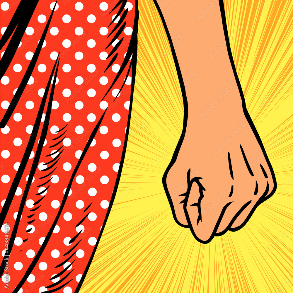 Angry fist of a woman. Red dress. Concept of female emotions and ...