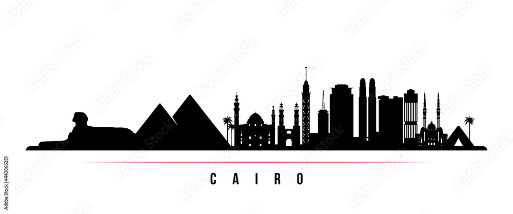 Cairo skyline horizontal banner. Black and white silhouette of Cairo ...