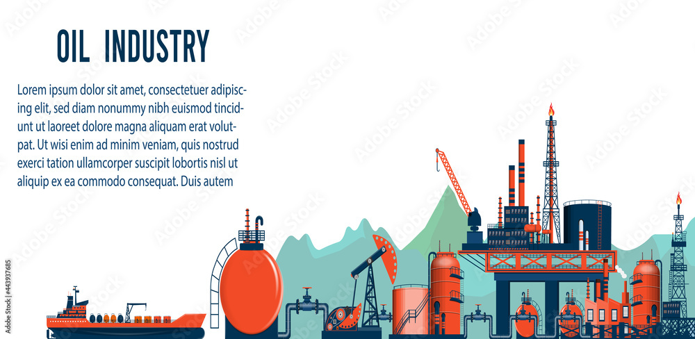 Gas & oil industry extraction platform Banner with Outbuildings, Oil ...