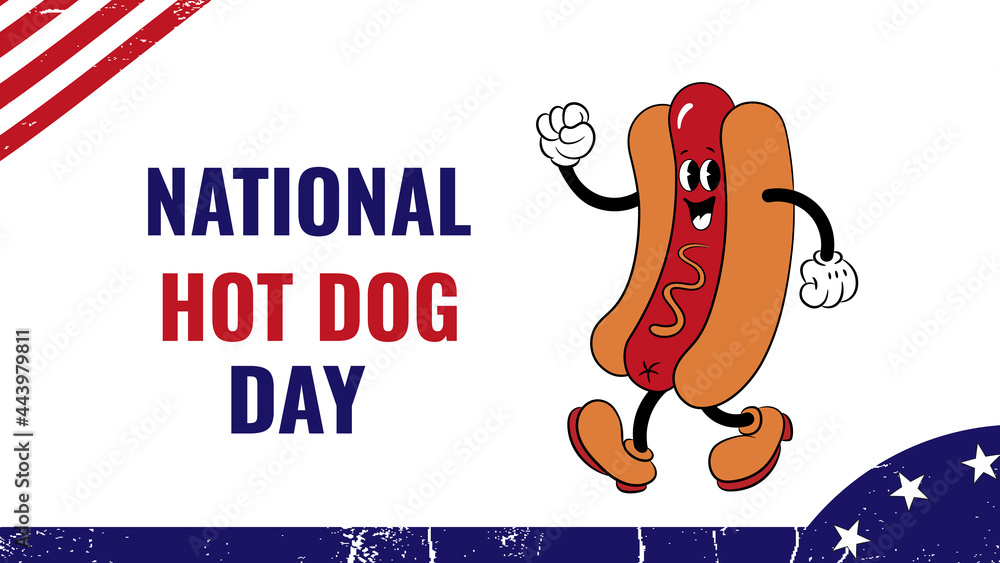 National Hot Dog Day July 21. Cartoon hot dog with mustard, American ...
