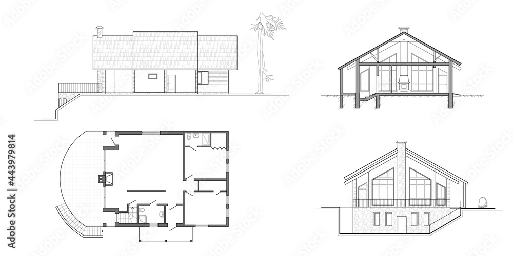 Archtectural project: floor plan, fasades and cross section suburban ...