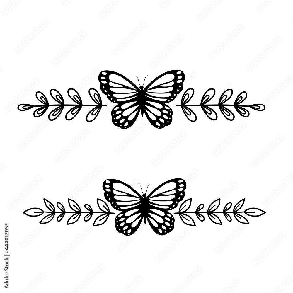 Butterfly monogram. Text divider set. Floral border. Outline drawing ...