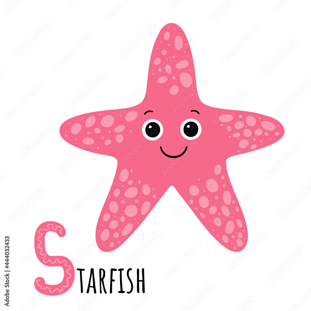 Starfish with sign. Animal alphabet. S letter learning. Cartoon style ...