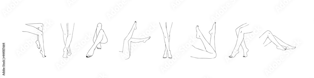 Female legs collection. Hand drawn linear woman feet in different poses ...