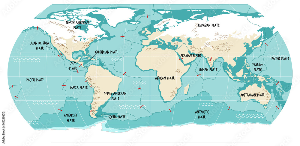World Map Showing Tectonic Plates Boundaries Stock Vector | Adobe Stock