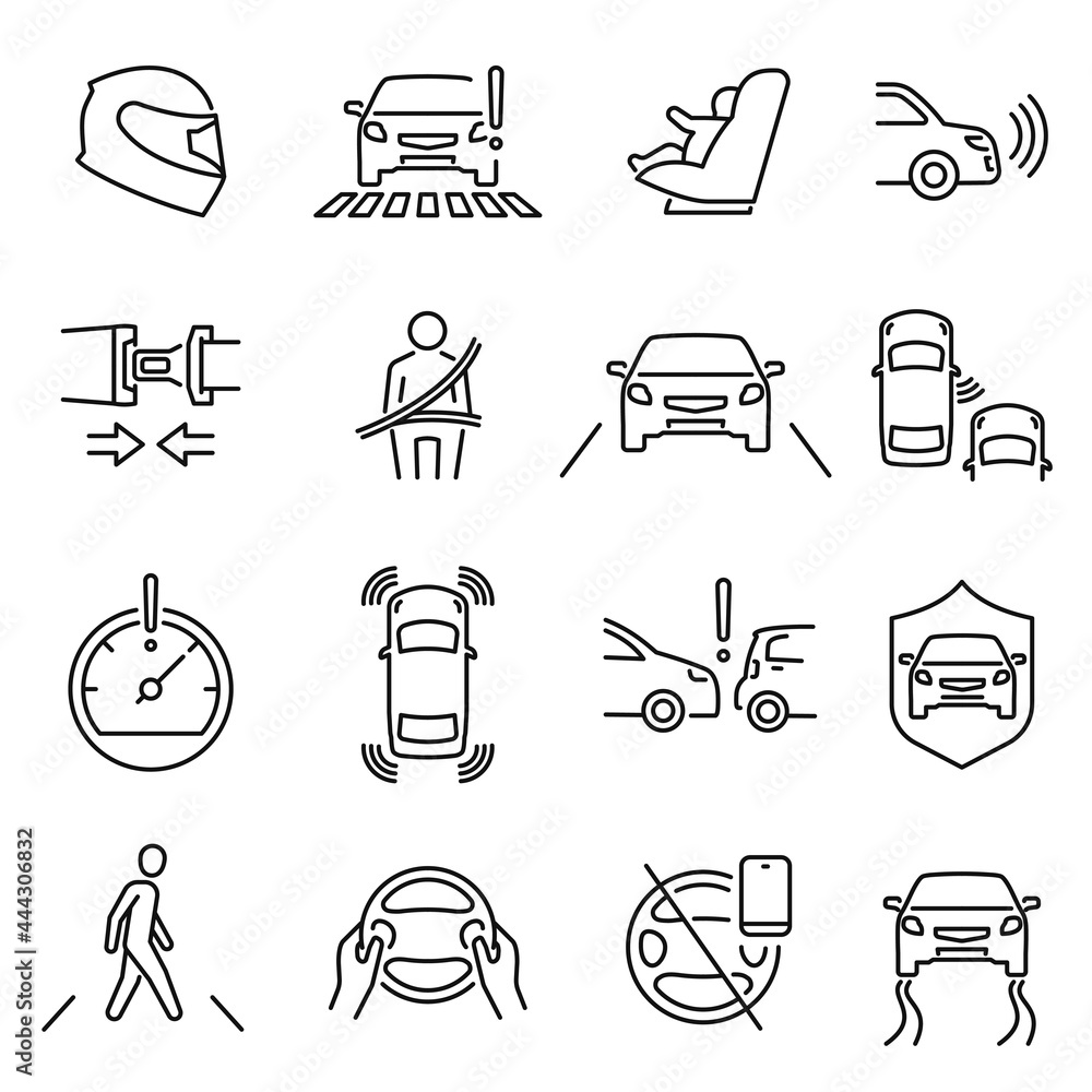 Monochrome linear safe driving icon set vector illustration. Outline ...