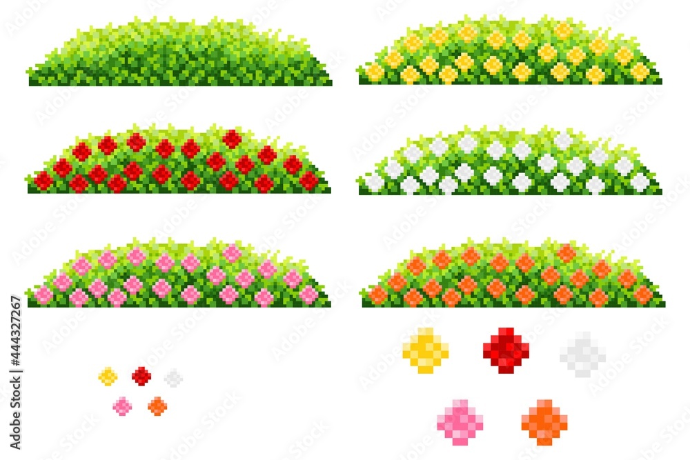 Set rose bush pixel art. Decorative bush pixel art. Vector illustration ...