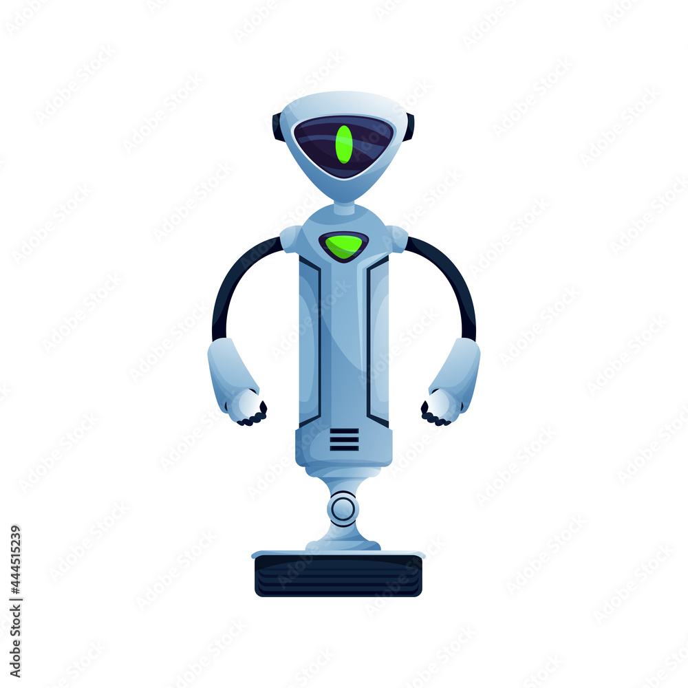 Future android robot on moving stand with two hands and turn on display ...