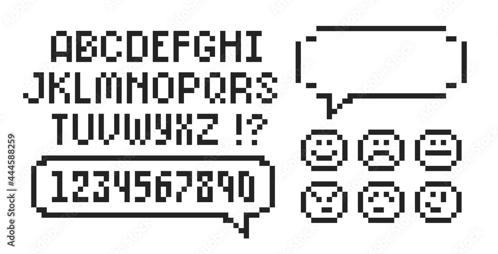 Pixel art 8 bit simple type font with speech bubble template isolated ...