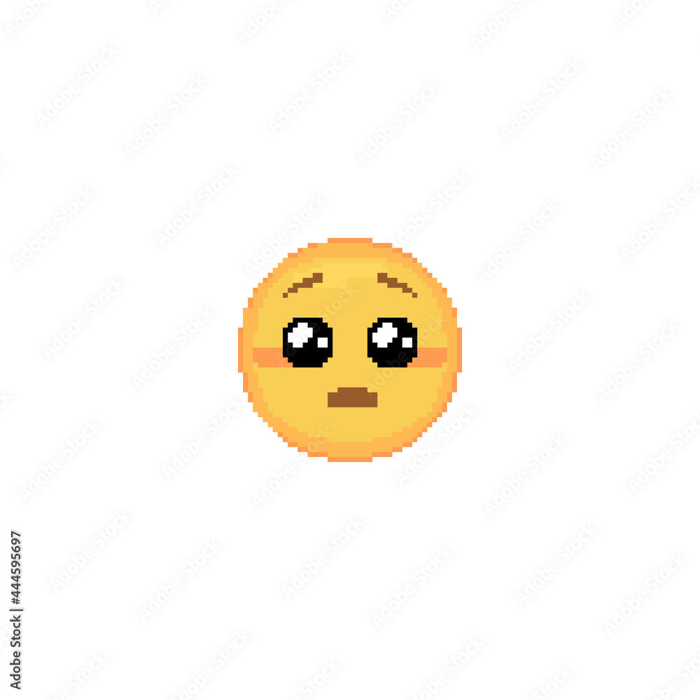 Pixel art Pleading Emoji face icon. Vector cute pixel begging emoticon ...