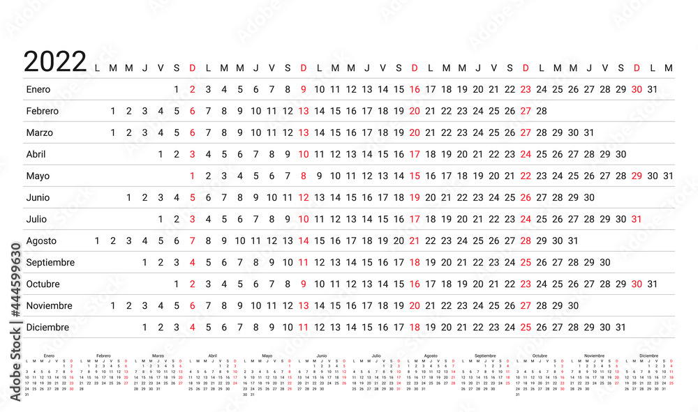 2022 linear Spanish calendar. Horizontal planner for year. Vector ...