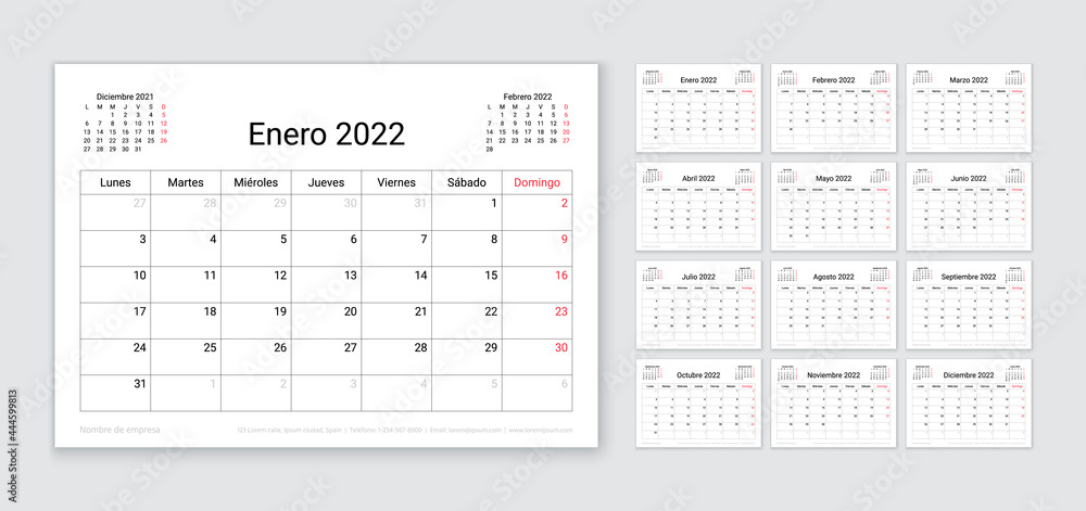 Spanish 2022 calendar. Planner template. Table calender layout with 12 ...