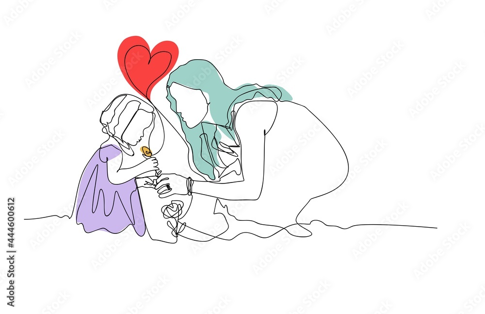Mom with baby. Hand draw single line art. Sketch for Icon, logo, sign ...