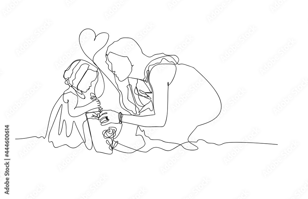 Mom with baby. Hand draw single line art. Sketch for Icon, logo, sign ...