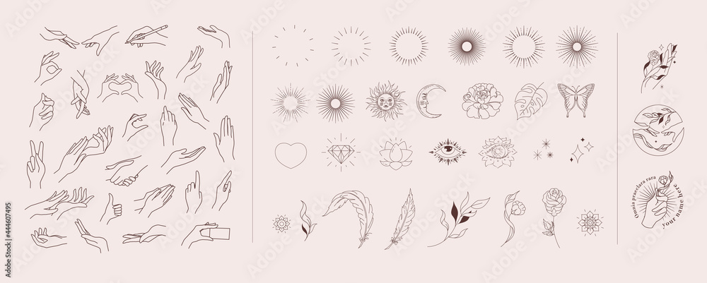 Gesturing. Set of hands in different gestures. A set of linear elements ...