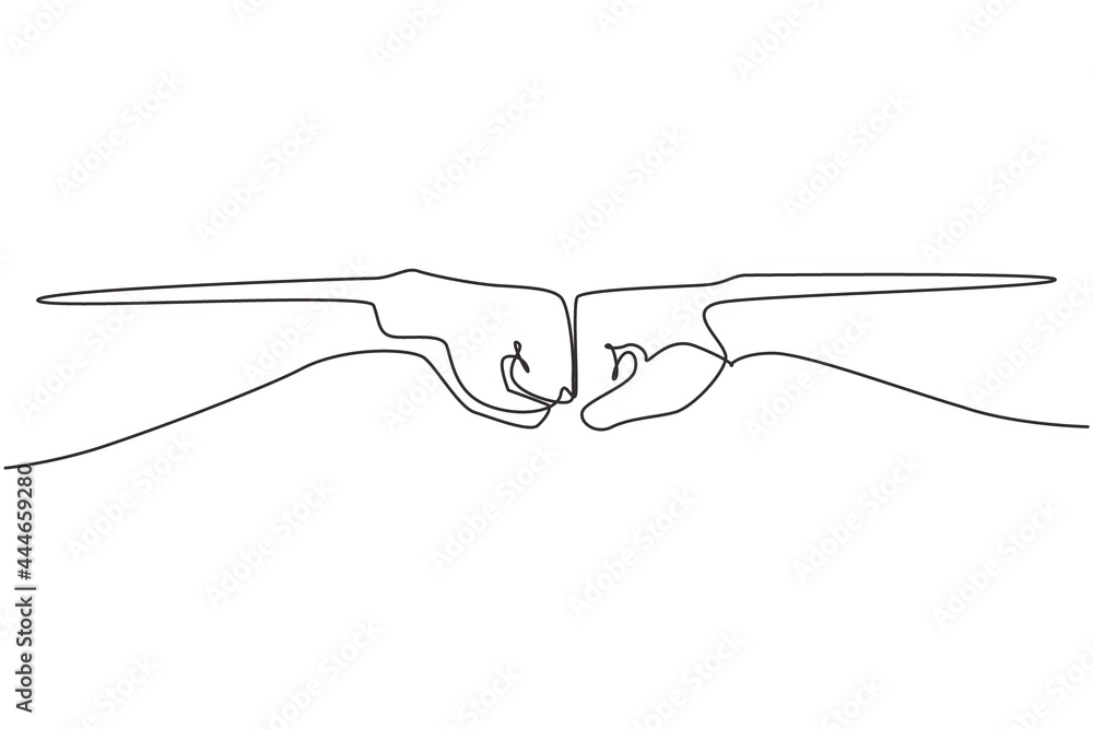 Single continuous line drawing hands of two men pumping their fists ...