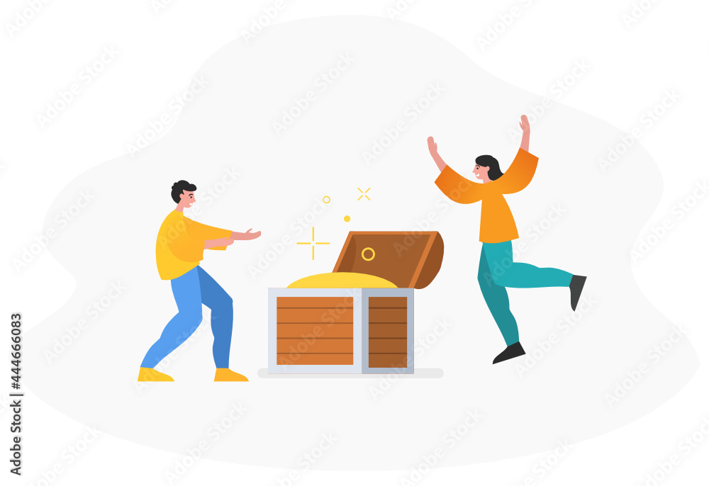 Find treasure chest, win big prize, achieve success. Two people stand ...
