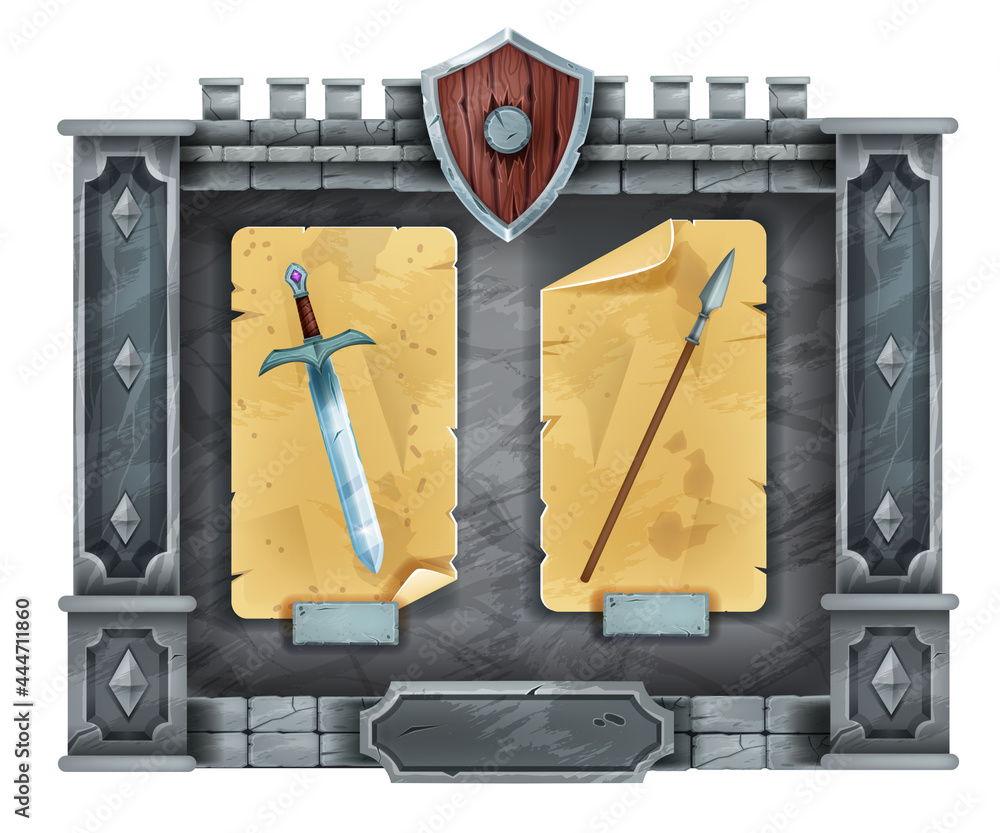 Game stone interface menu, rock frame, GUI medieval castle window panel ...