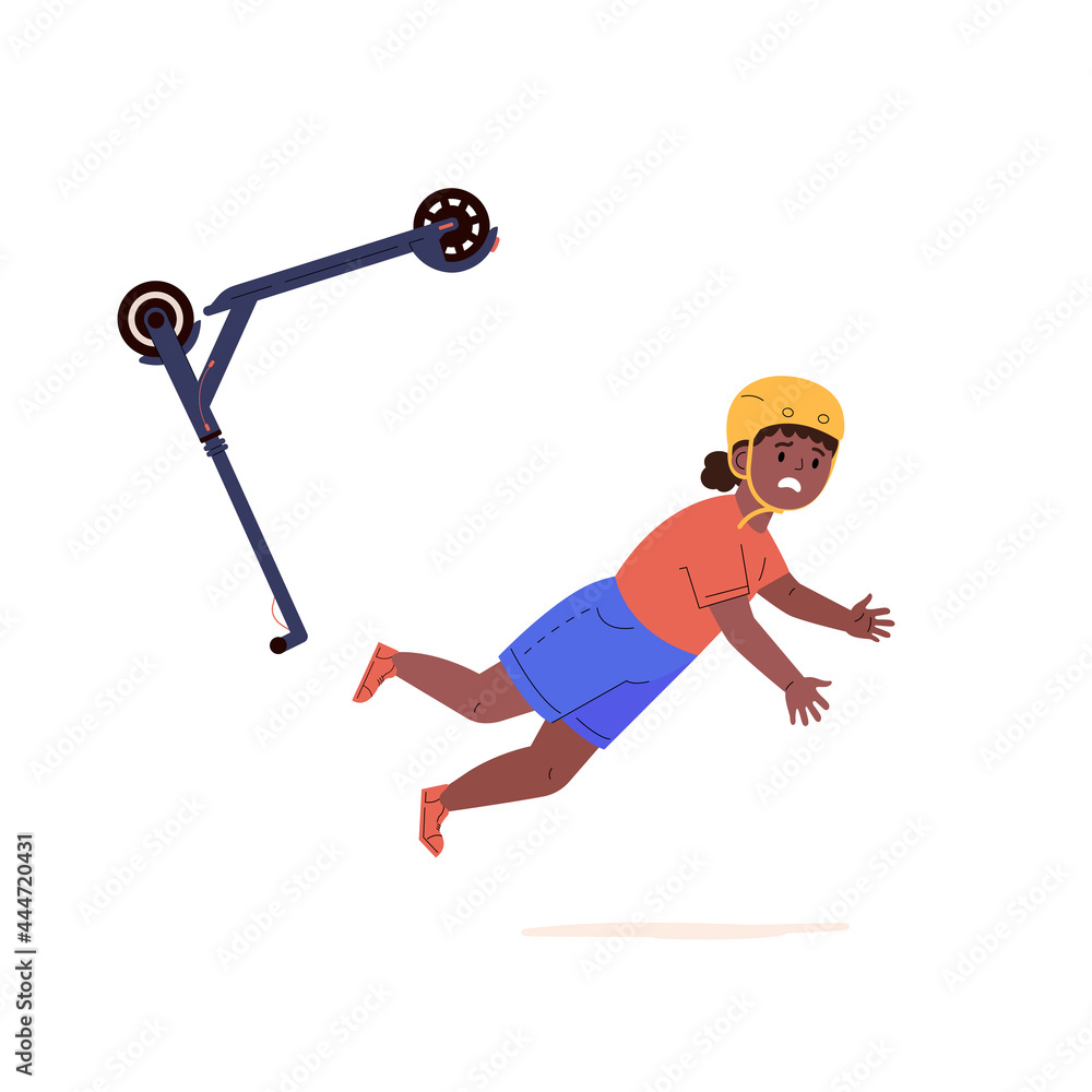 Child falling down from kick scooter. Little girl in a helmet falls to ...
